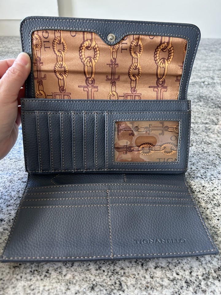 Tignanello Pebbled Leather Trifold Wallet Organizer Clutch Blue/Grey | eBay