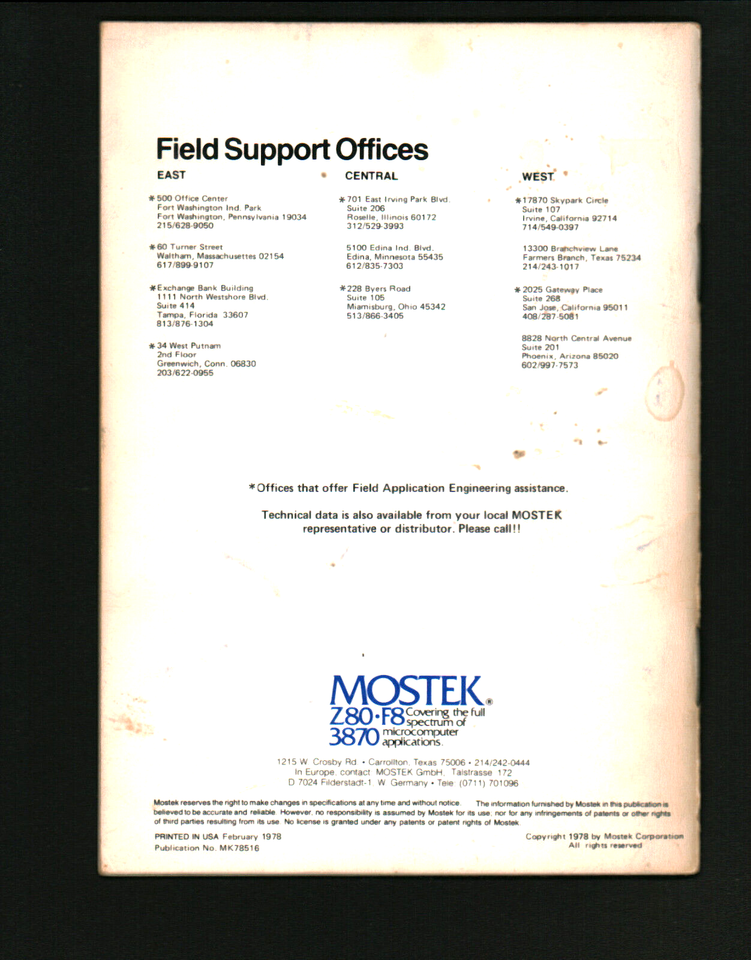 Mostek Z80 Microcomputer System Micro Reference Manual 1978 Vintage | eBay