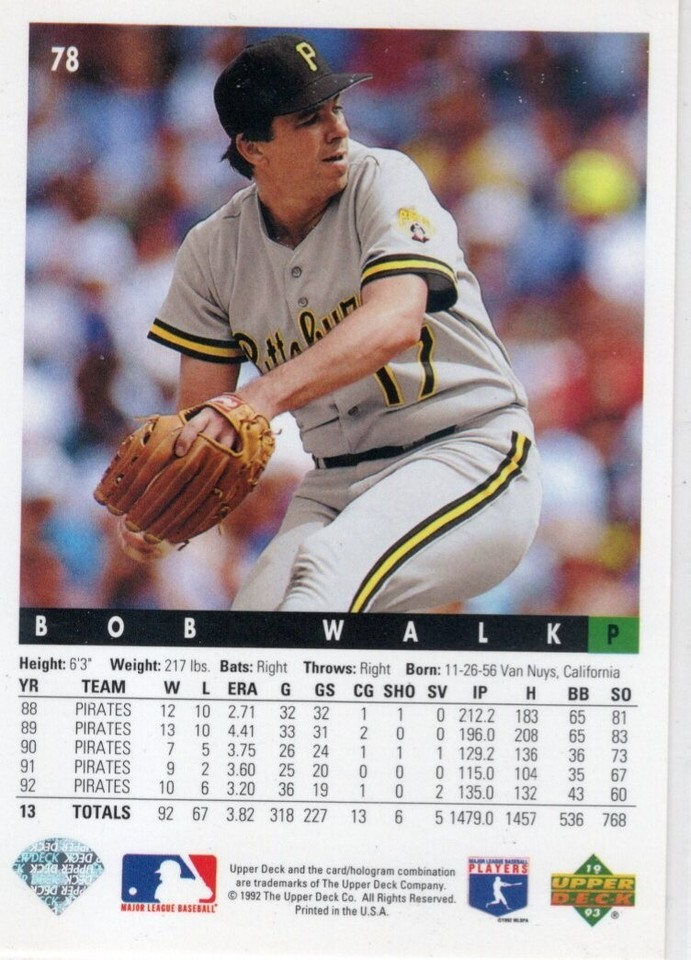 1993 Upper Deck Bob Walk #78 Pittsburgh Pirates Baseball Card | eBay