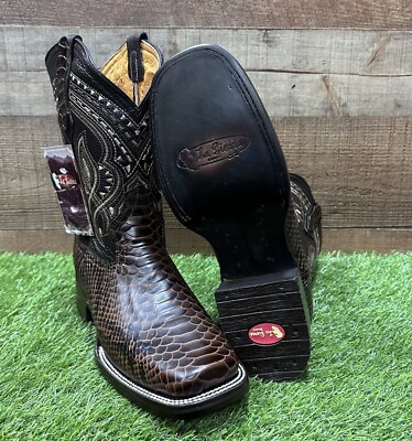 Mens WESTERN COWBOY Leather PYTHON BROWN SCALE Print Square Toe Boots ...