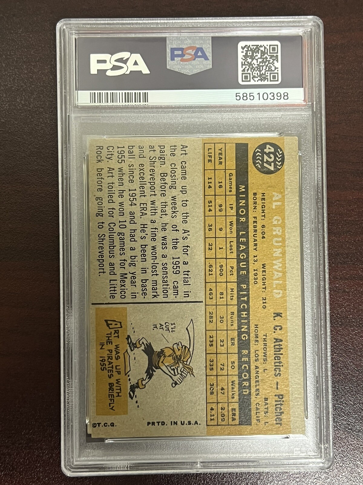 1960 Topps Baseball #427 Al Grunwald PSA 4 VG EX Kansas City Athletics ...