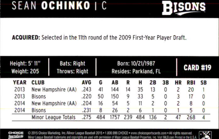 2015 Buffalo Bisons Choice #19 Sean Ochinko Parkland Florida FL ...
