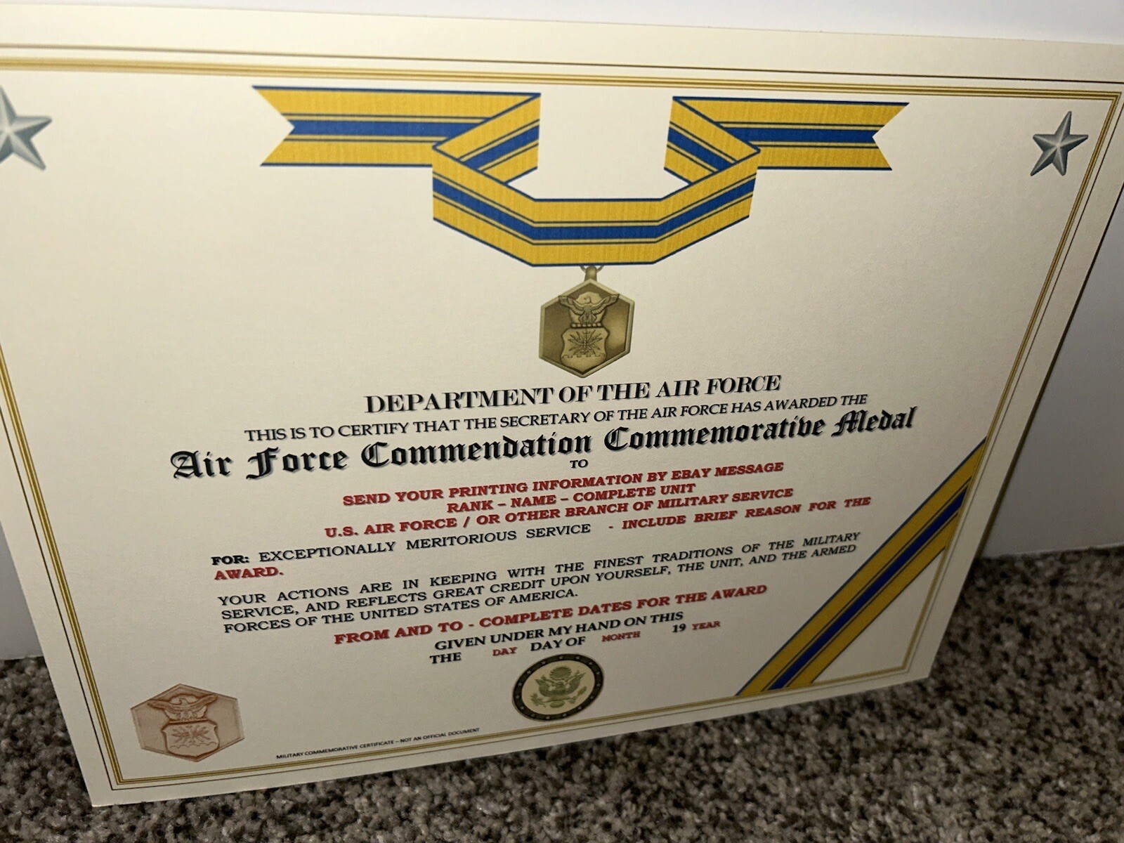AIR FORCE COMMENDATION MEDAL COMMEMORATIVE CERTIFICATE ~ TYPE-2 w ...