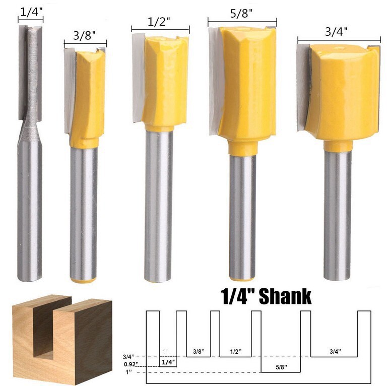 5 Pcs 1/4" Shank Straight Router Bit Set Wood Milling Cutter ...