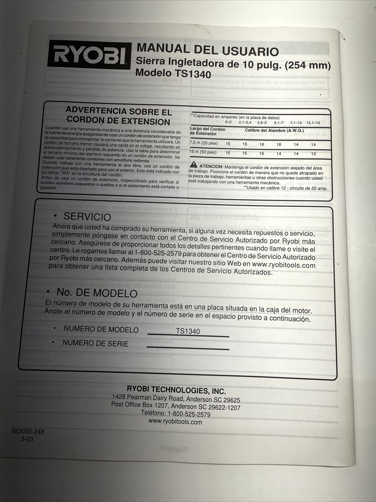 RYOBI TS1340 10" (254mm) Double Insulated Compound Miter Saw Operators ...