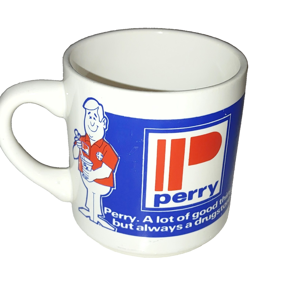 VTG Perry Drugstore Mug Ceramic Red White Blue Logo Ad Logo Kitsch ...