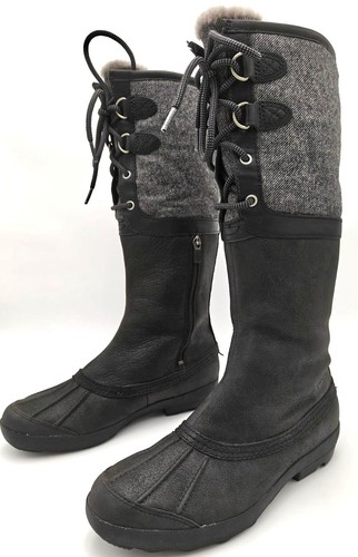 UGG Belcloud Duck Boots Women's 9 Tall Waterproof Black Leather Sherpa Line | eBay