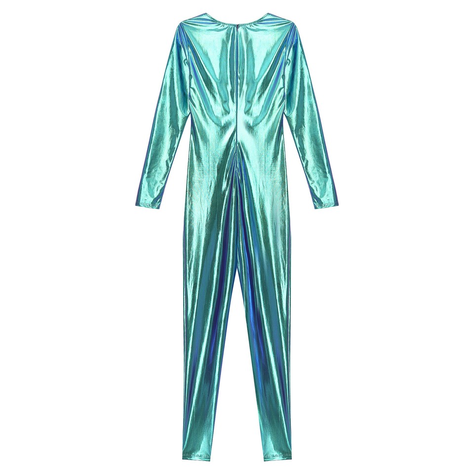 Women One Piece Metallic Shiny Unitard Slim Full Body Jumpsuit ...