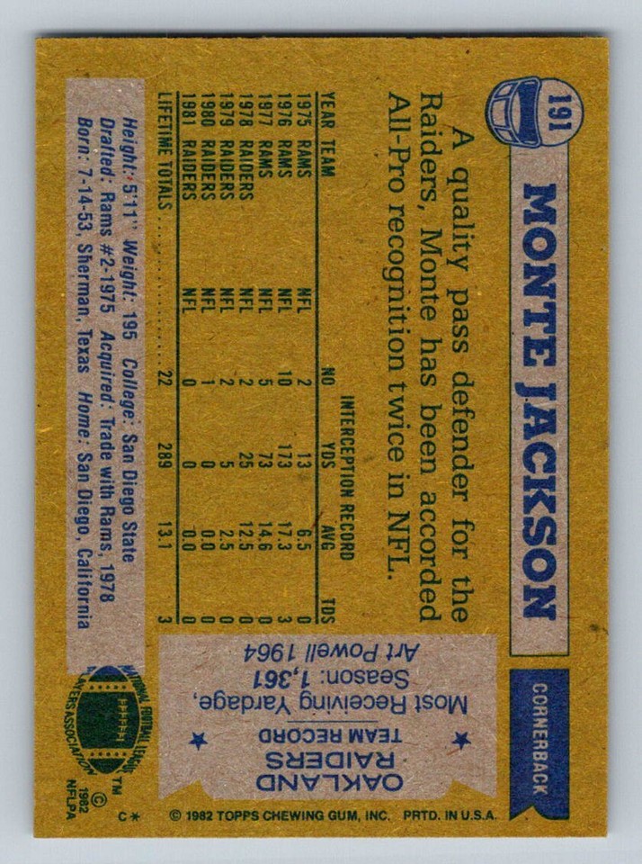 Monte Jackson #191 1982 Topps Oakland Raiders | eBay