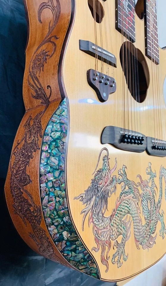 Triple-Neck Acoustic Guitar Handmade by Blueberry Dragon Motif Pre ...