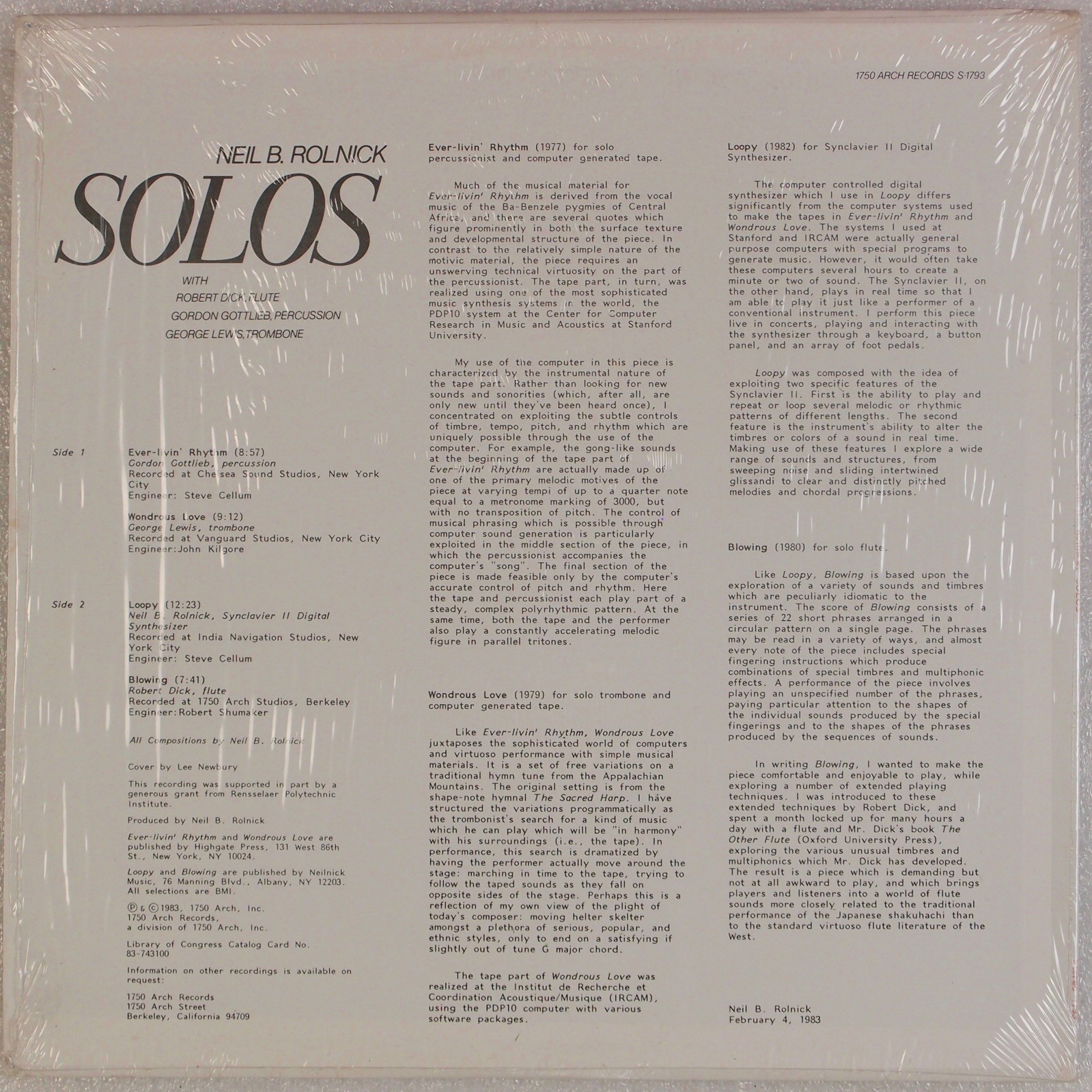 NEIL B. ROLNICK: Solos USA Arch Records Experimental LP NM Wax | eBay