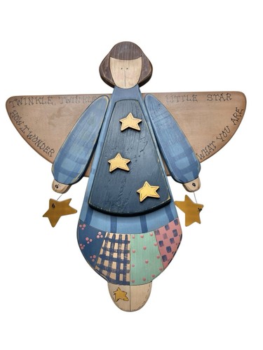 Vintage 90’s Handmade Handpainted Folk Art Wood Angel Wall Plaque 17 x ...