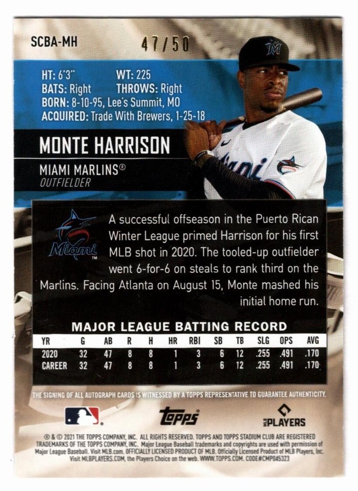 Monte Harrison 2021 Topps Stadium Club Red Rookie Autograph Auto 47/50 ...
