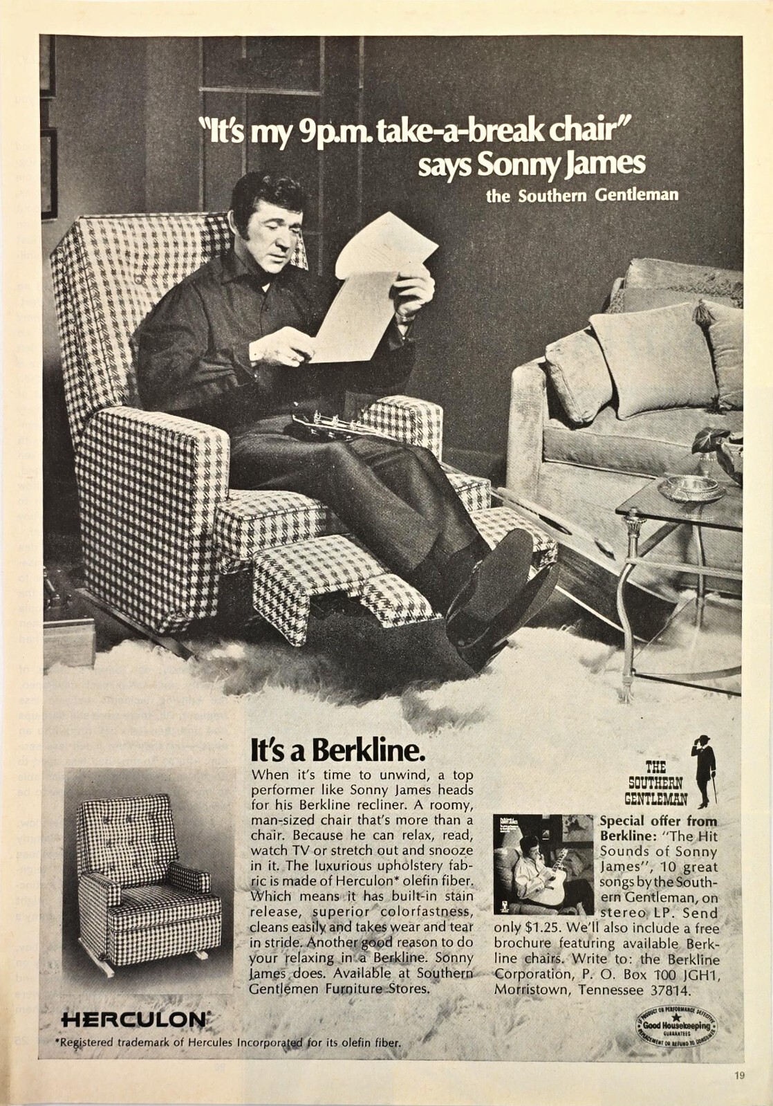 Herculon Berkline Reclining Chair Sonny James Vintage 1970 Print Ad 8 x ...
