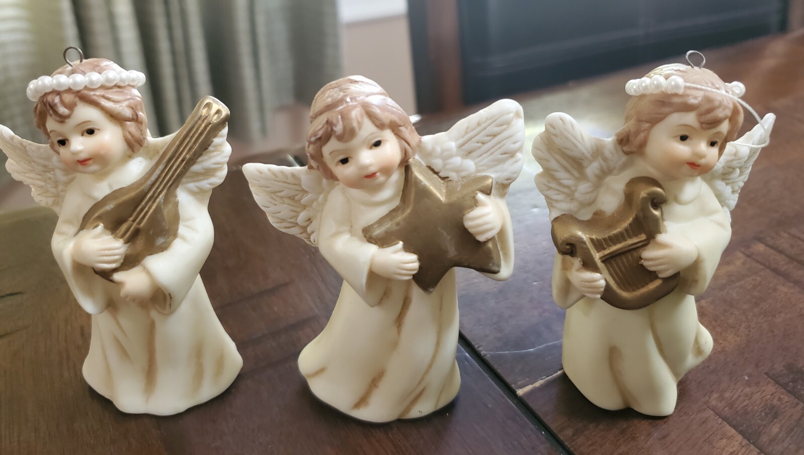 3 Pearl Angels Ornaments w/musical Instruments 3.5" w/Box House of ...
