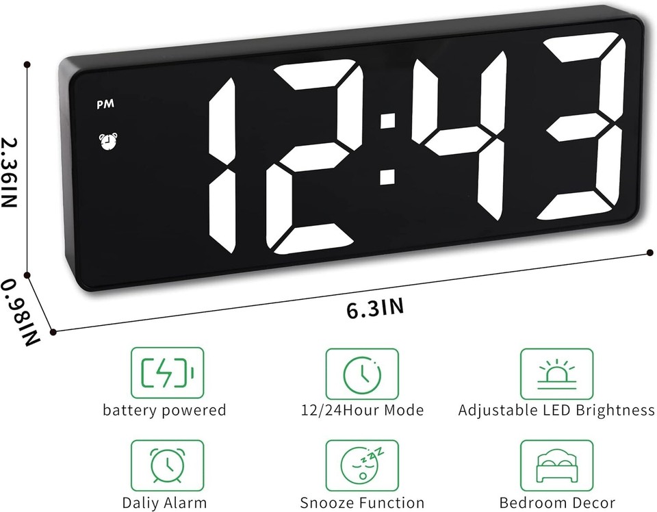 Battery Operated Digital Clock, Alarm Clock Cordless Large Big Numbers ...