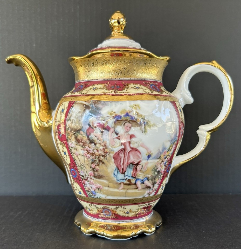 Royale Limoges Tea Set 7 pcs Teapot Sugar Cream Cups Victorian Scene ...