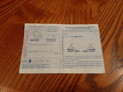 1981 Vintage MAINE Snowmobile Registration for 1970 MOTO SKI vin ...