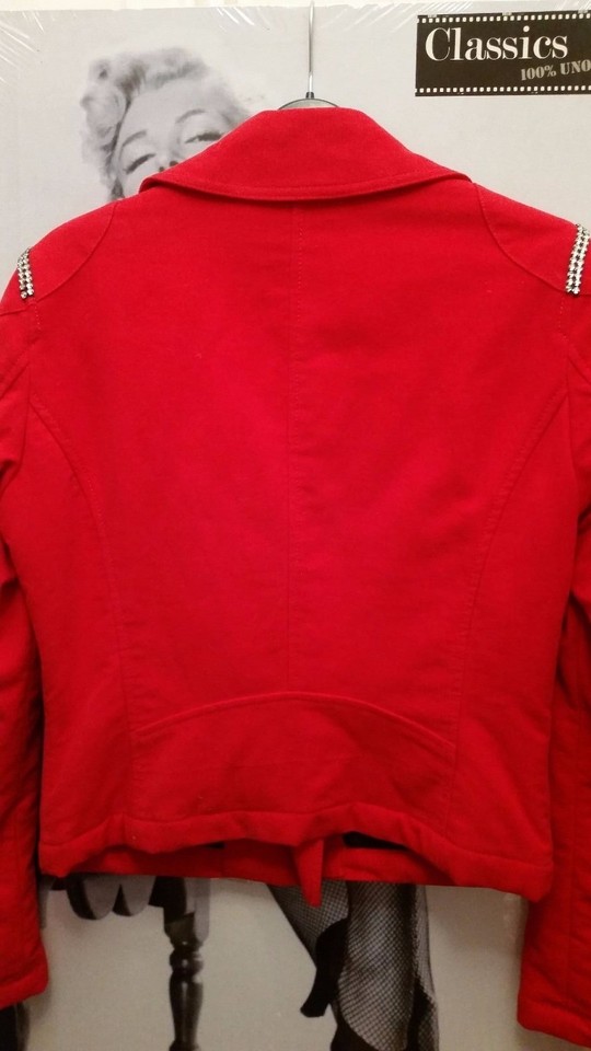 WOMEN BIKER BRIGHT RED VELOUR JACKET/COAT"1983" DECO SWAROVSKI CRYSTALS ...