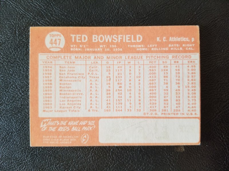TED BOWSFIELD 1964 TOPPS BASEBALL #447 KANSAS CITY ATHLETICS | eBay