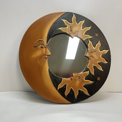 wooden 90s hand painted celestial mirror whimsy goth moon sun yellow ...