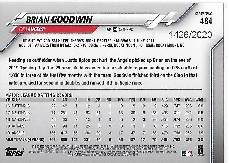 2020 Topps Series 2 Baseball Gold Brian Goodwin 1426/2020 Angels | eBay