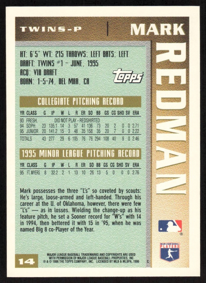 1996 Topps Draft Pick Mark Redman #14 Minnesota Twins | eBay