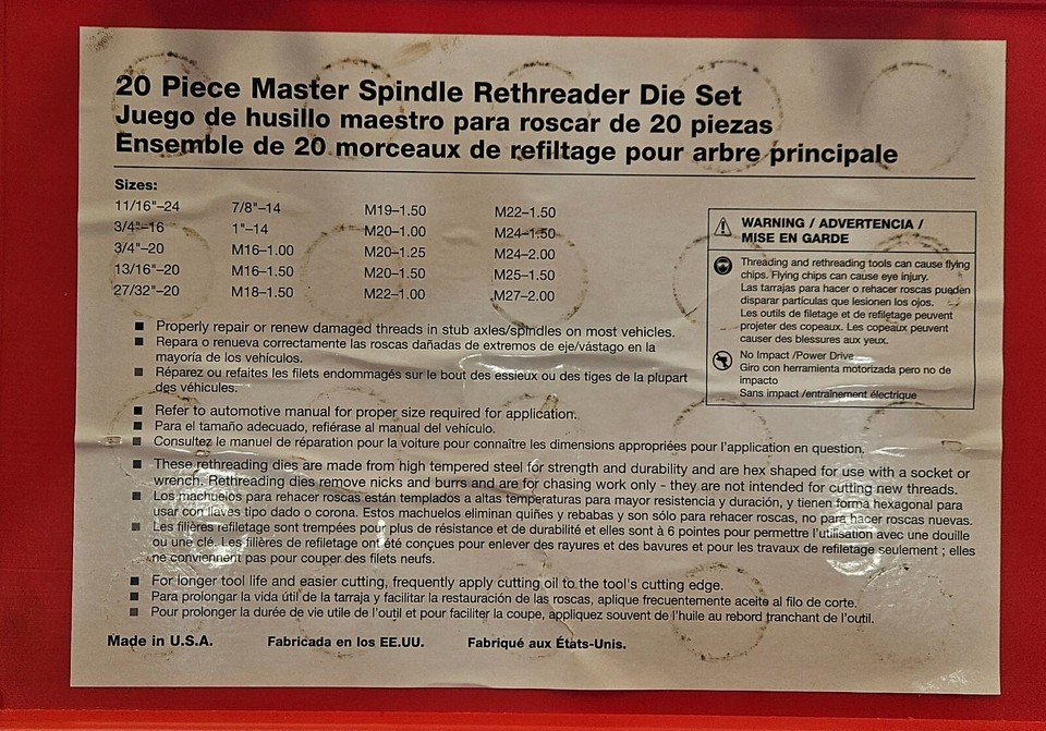 MATCO TOOLS 20-PEICE MASTER SPINDLE RETHREADER DIE SET (SR2OK) | eBay