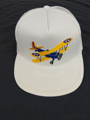VTG Airplane Bi-plane Embroidery White Mesh Trucker Hat Snapback Cap ...
