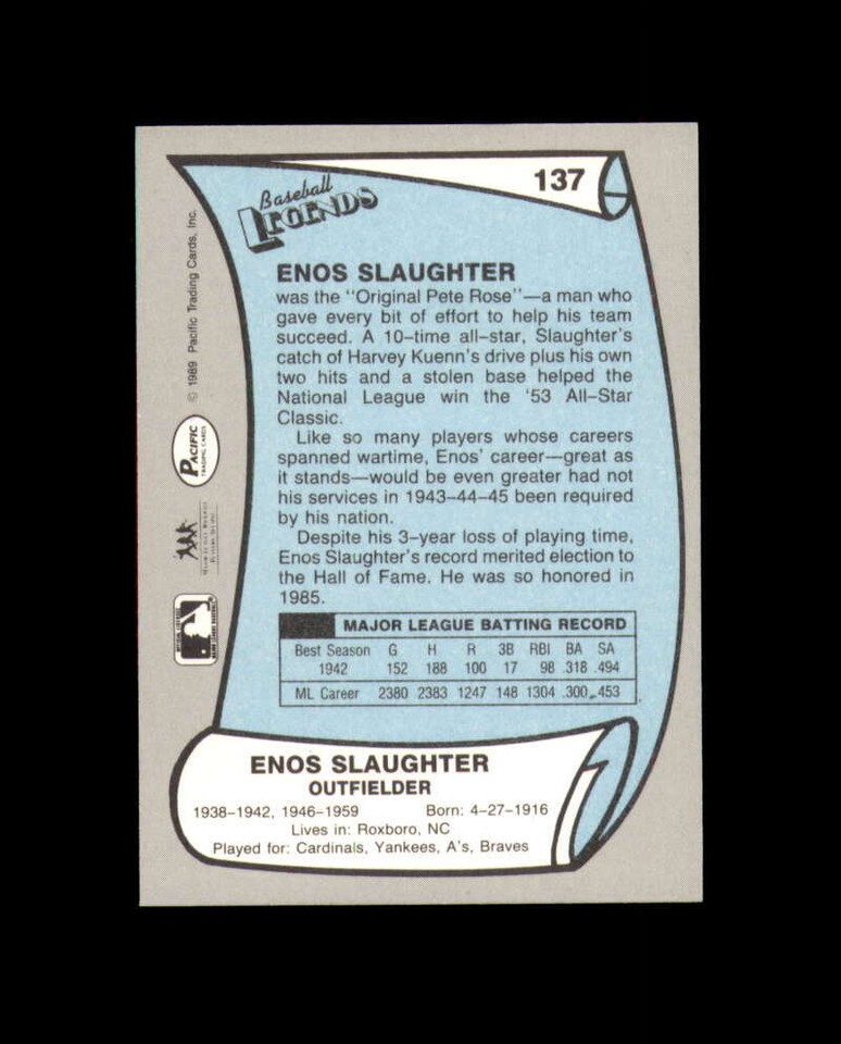 Enos Slaughter Signed 1989 Pacific Legends New York Yankees Autograph ...