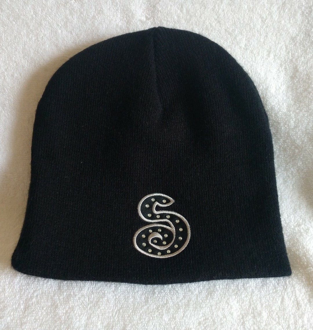 Women's Black Beanie Hat S Initial Embroidered Patch with Rhinestones ...