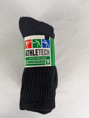 Athletech Cotton Black Crew Socks 3 Pairs Mens Fits Shoes 10-13 Made in ...