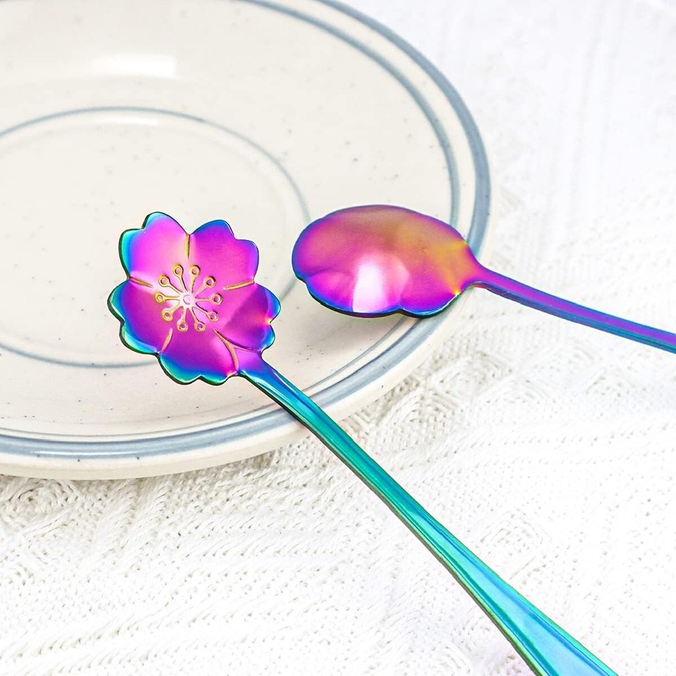 8 Pcs Flower Spoon Set Rainbow Coffee Spoon Stainless Steel Stirring ...