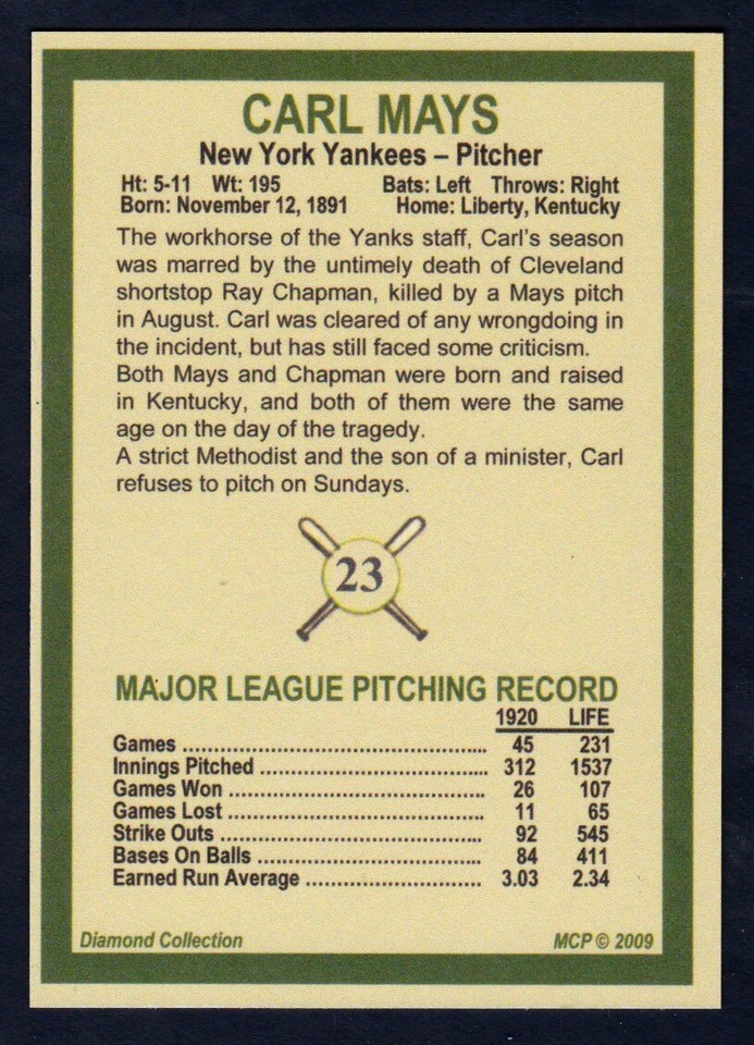 Carl Mays '20 New York Yankees / Monarch Corona Diamond #23 / NM+ cond ...