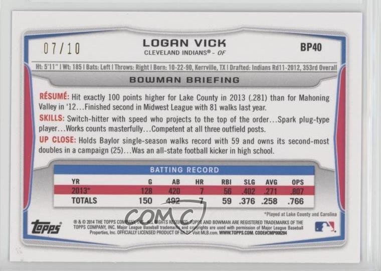2014 Bowman Prospects Purple Ice /10 Logan Vick #BP40 | eBay
