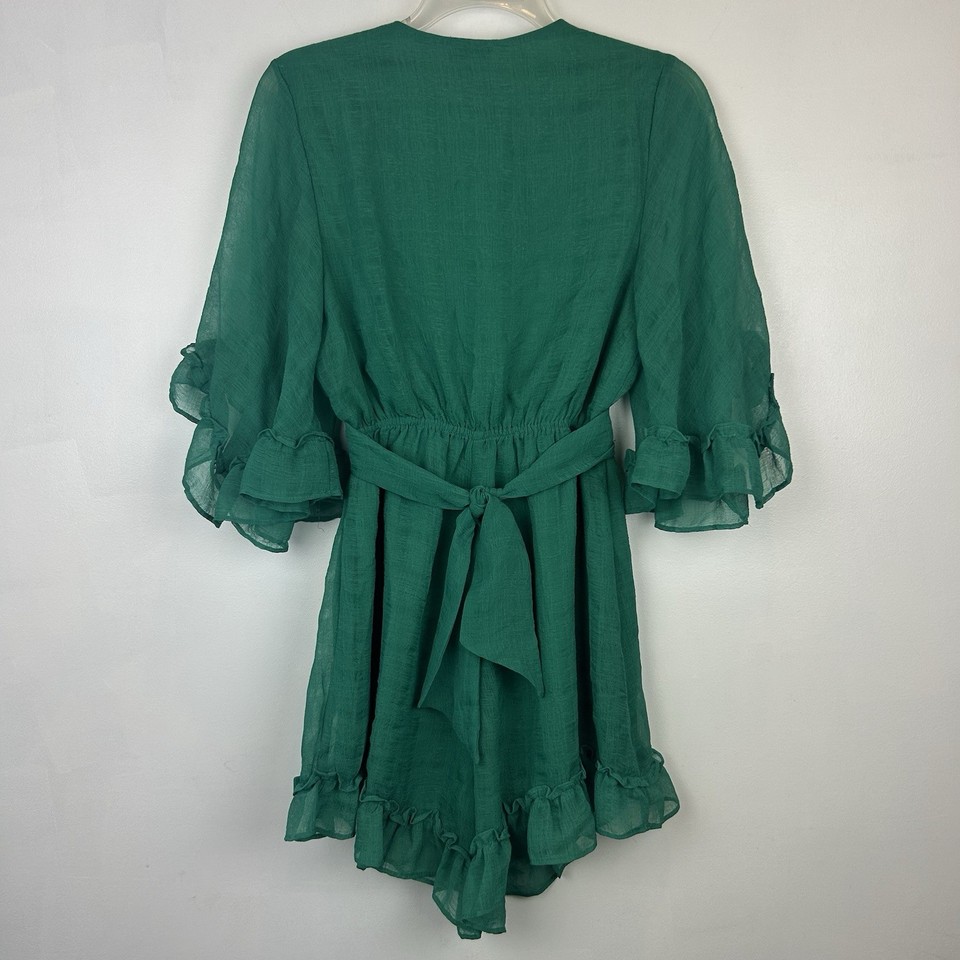 Mi Ami Shorts Romper Womens S Kelly Green Sheer Cutout Waist Tie ...