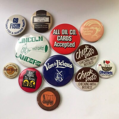 Lot of 12 Vintage Advertising Round Pinback Pin Buttons -Oil Cards Fish ...