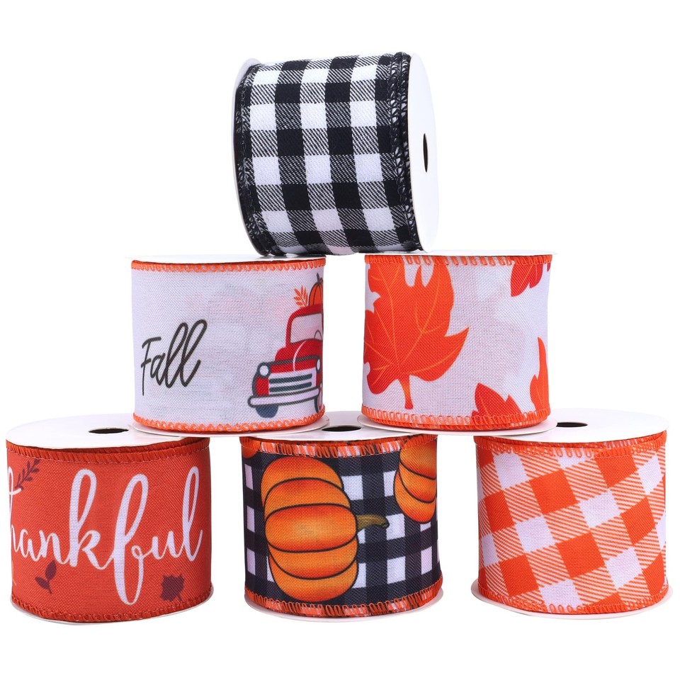 Fall Wired Ribbon 2.5 inch X 90 Feet, Buffalo Plaid/Pumpkin/Maple ...