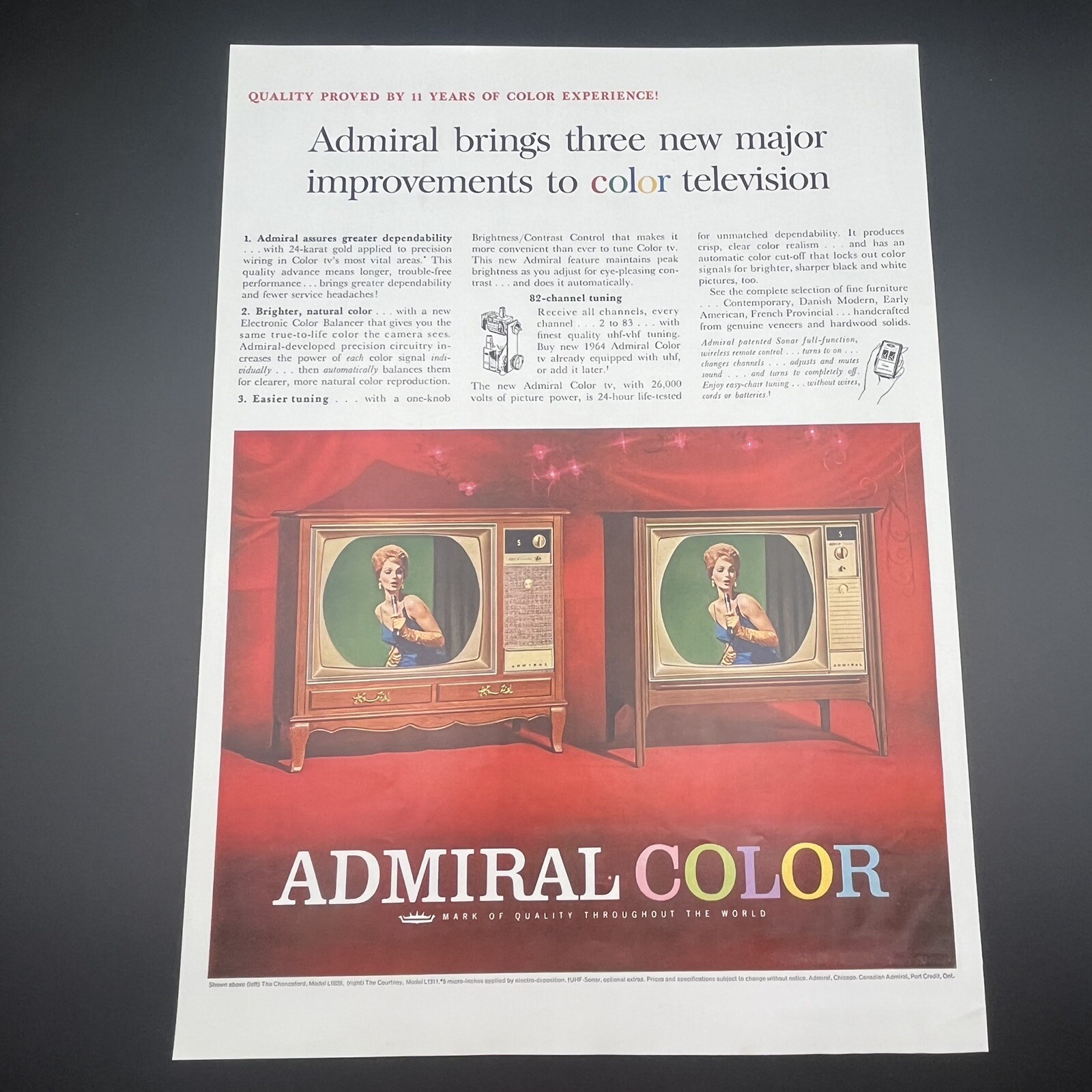 Admiral Color Television 1964 Vtg Print Ad 10"x13.75" Chancellor ...