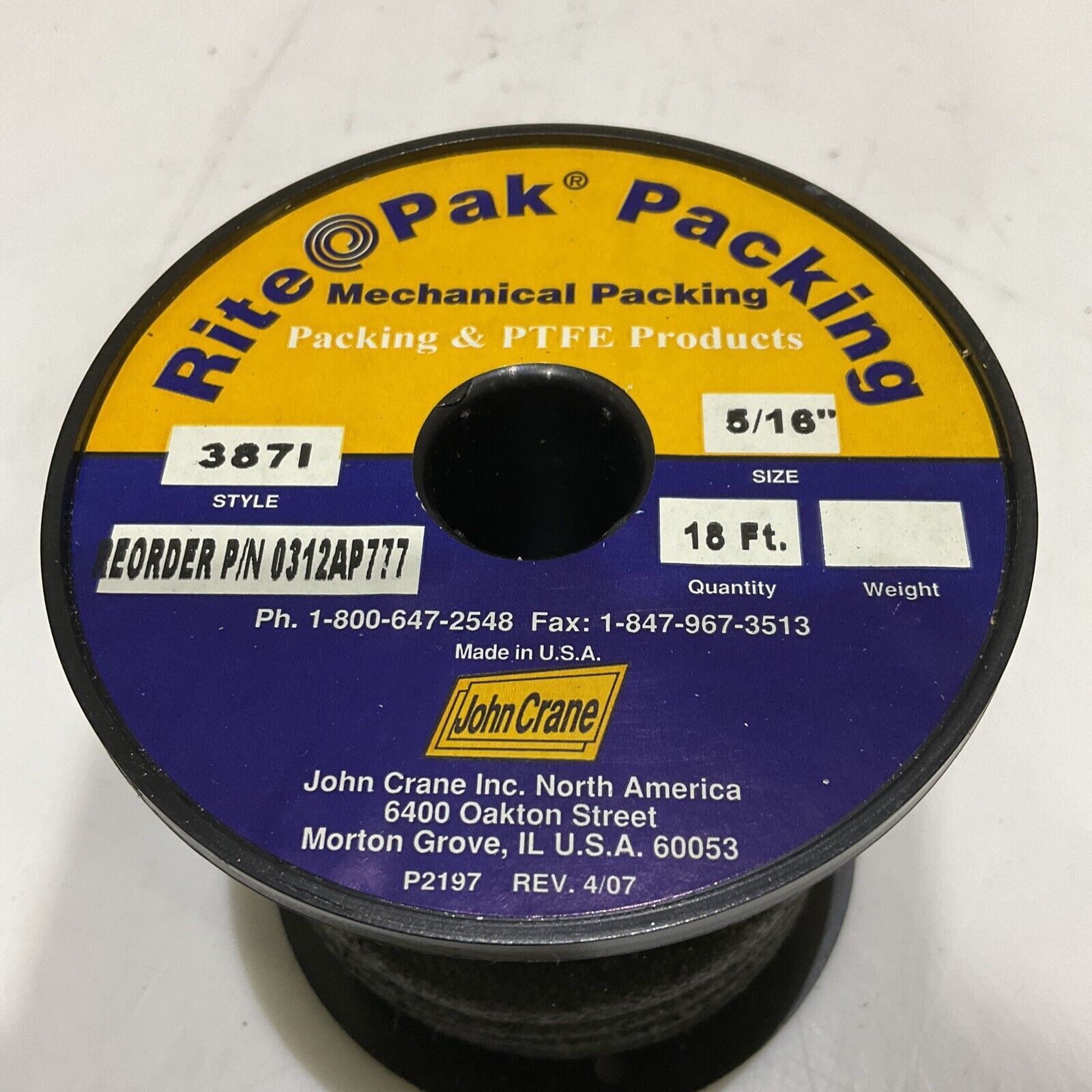 JOHN CRANE 387I 0312AP777 MECHANICAL PACKING ABOX SIZE 5/16IN 18 FT 678 ...