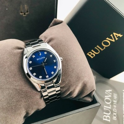 Bulova Surveyor 96P229 Women's Diamond Accent Sliver Tone Blue Dial ...