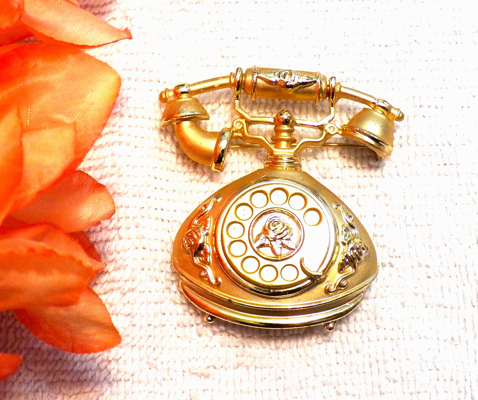 CLASSIC PIN BROOCH WHIMSICAL TELEPHONE RECEIVER NUMBERS EARPHONE GOLD ...