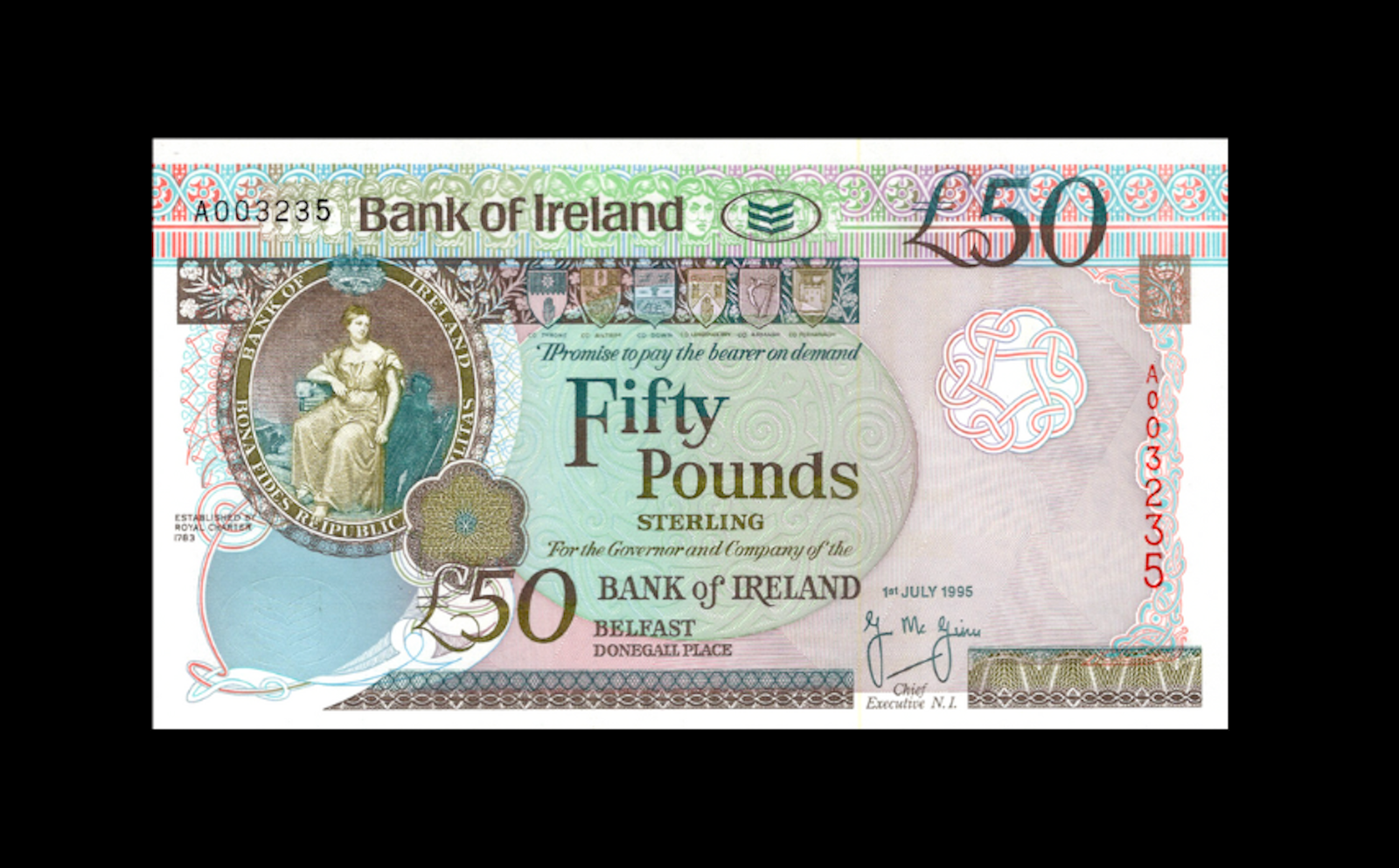 Reproduction Rare Irish Bank of Ireland banknote £50 pounds 1995 UNC ...