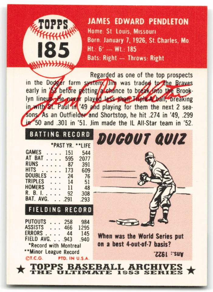 1991 Topps Archives 1953 #185 Jim Pendleton Bio white text Milwaukee ...