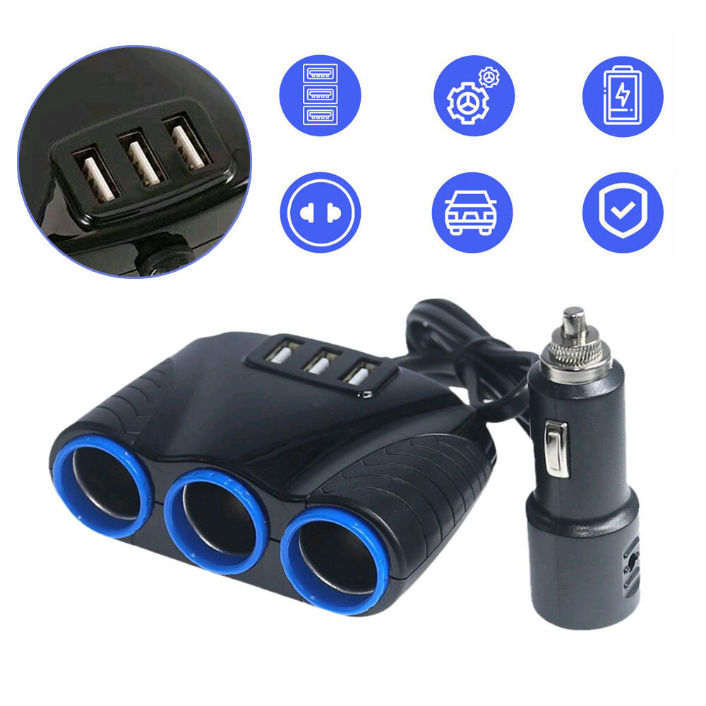 3 Way USB Car Charger 12V Power Adapters Plug Cigarette Lighter Socket ...