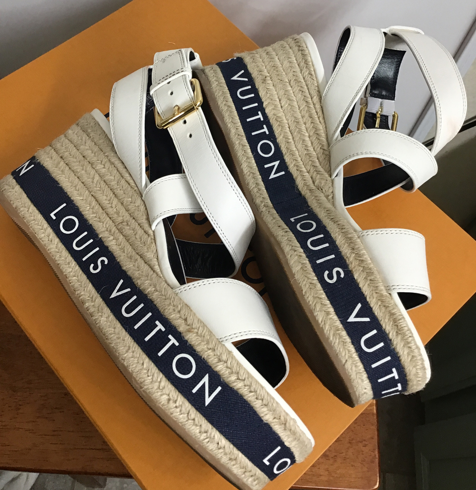 Louis Vuitton Wedge White Leather Stack Rope Louis Vu… - Gem