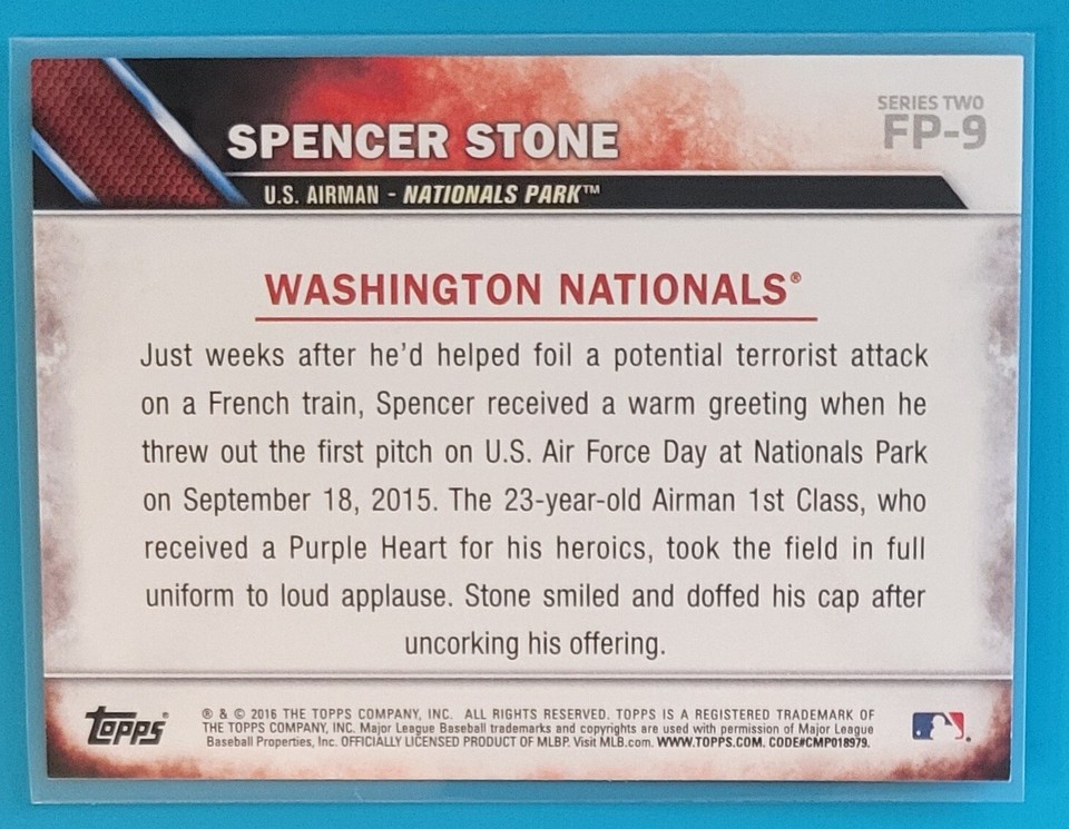 2016 Topps First Pitch #FP-9 Spencer Stone Washington Nationals Park ...