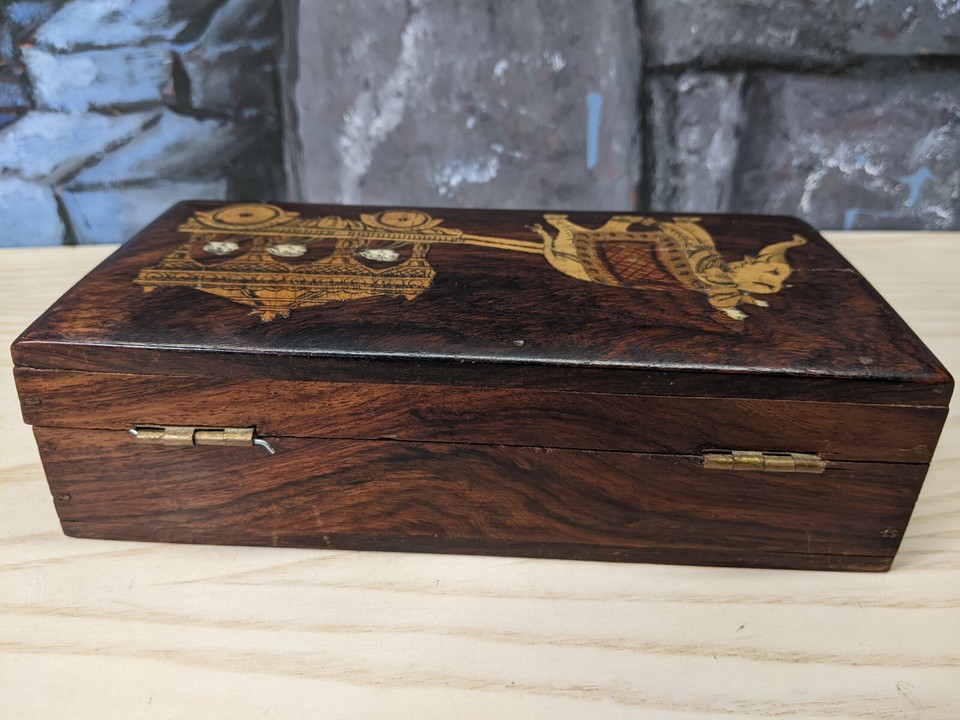 Vintage Wooden Trinket Jewelry Box Elephant Carrage inlaid Storage ...
