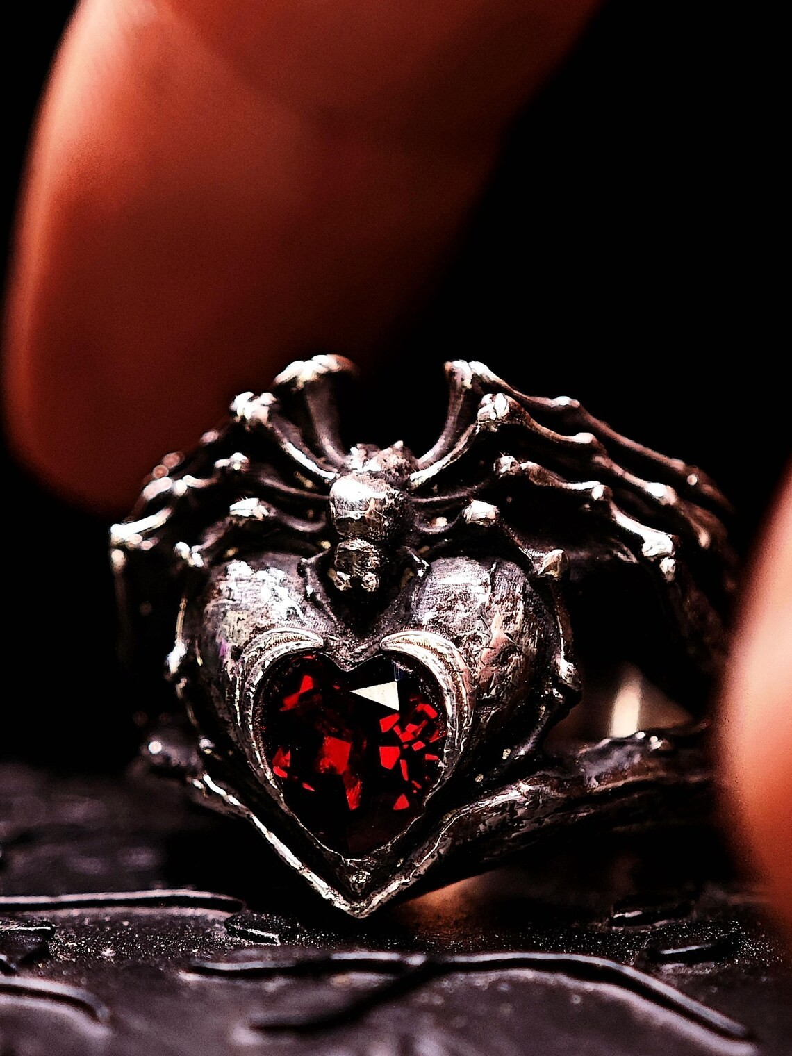 Sterling Silver Gothic Spider Heart Ring: Ruby Zircon Inlay | eBay