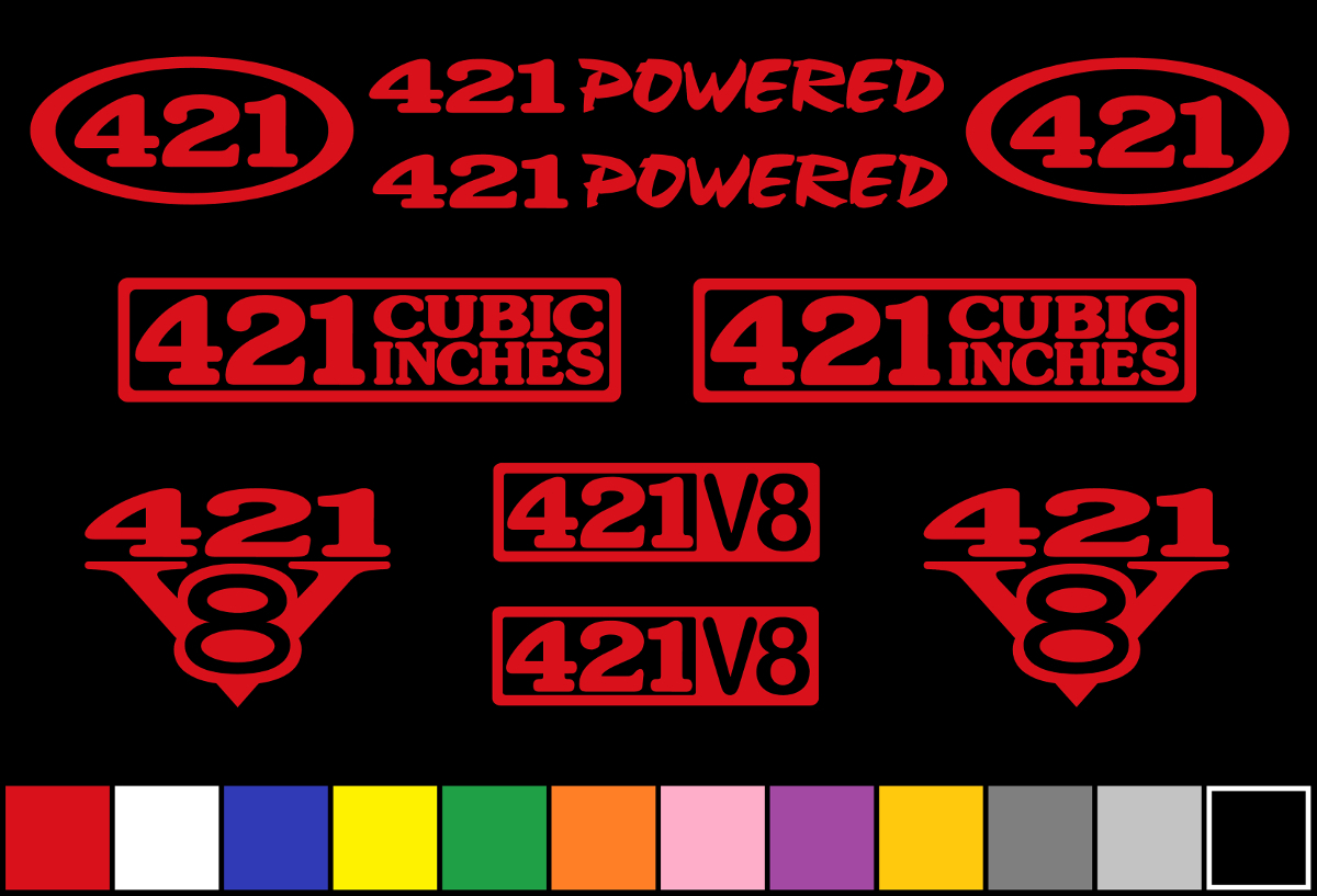 421 CI V8 POWERED 10 DECAL SET ENGINE STICKERS EMBLEMS FENDER BADGE ...